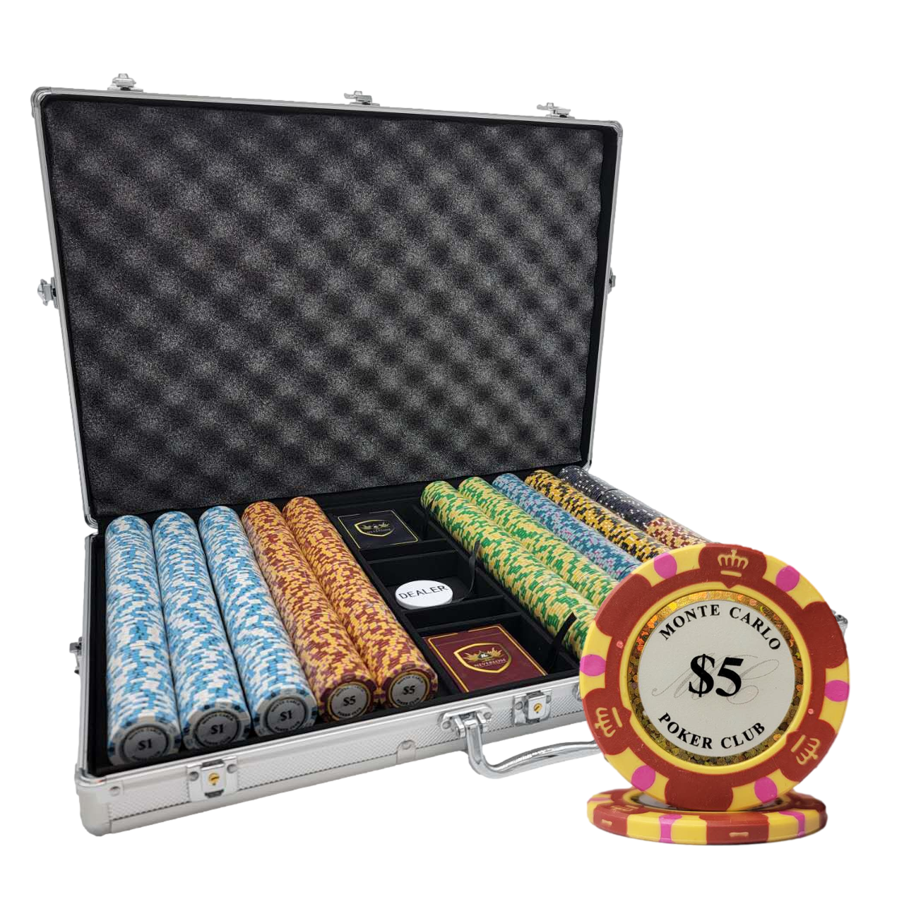 1000 Monte Carlo Poker Club Poker Chips Set - Silver Aluminum Case ...