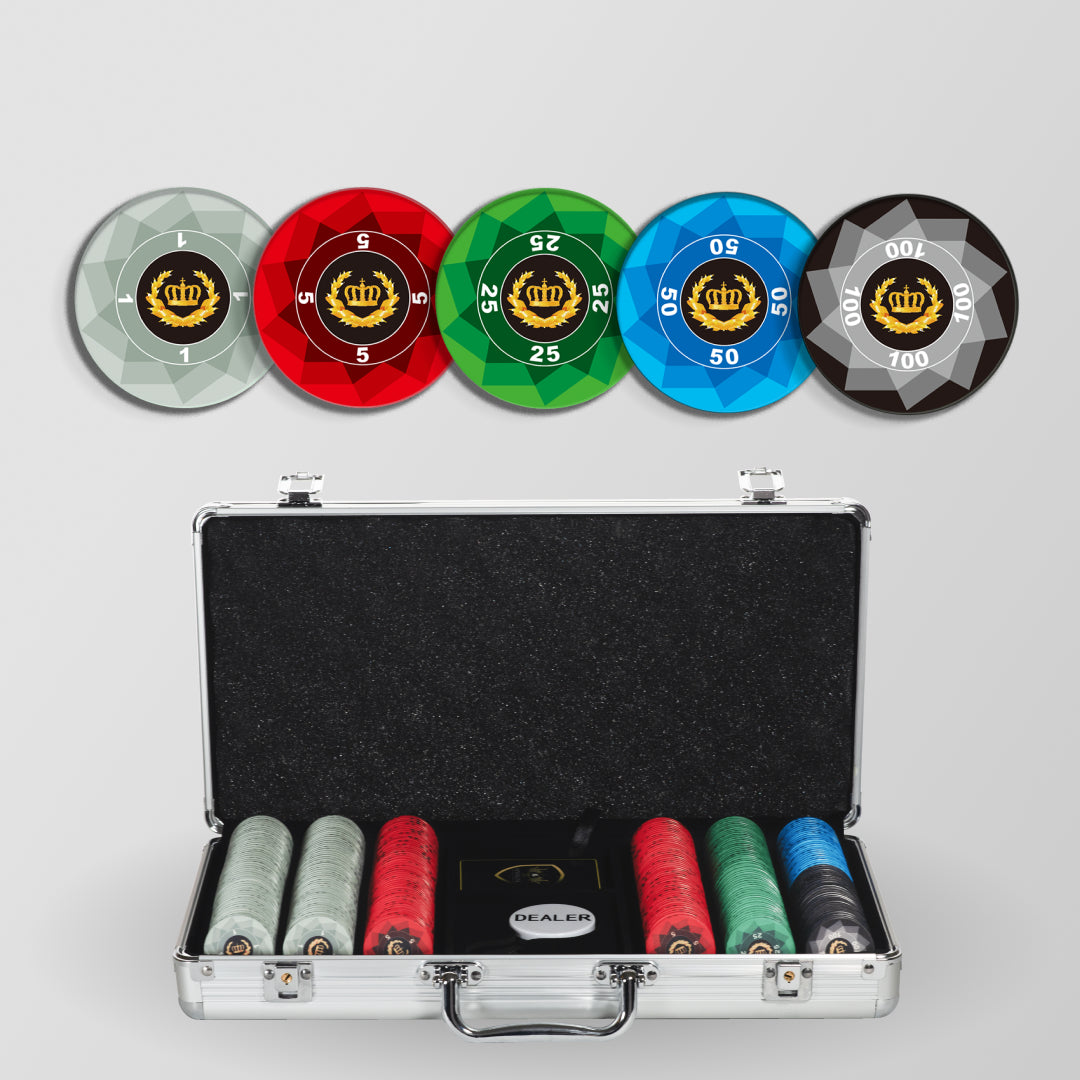 300 Laurel Crown Ceramic Poker Chips Set - Silver Aluminum Case | MRC Poker